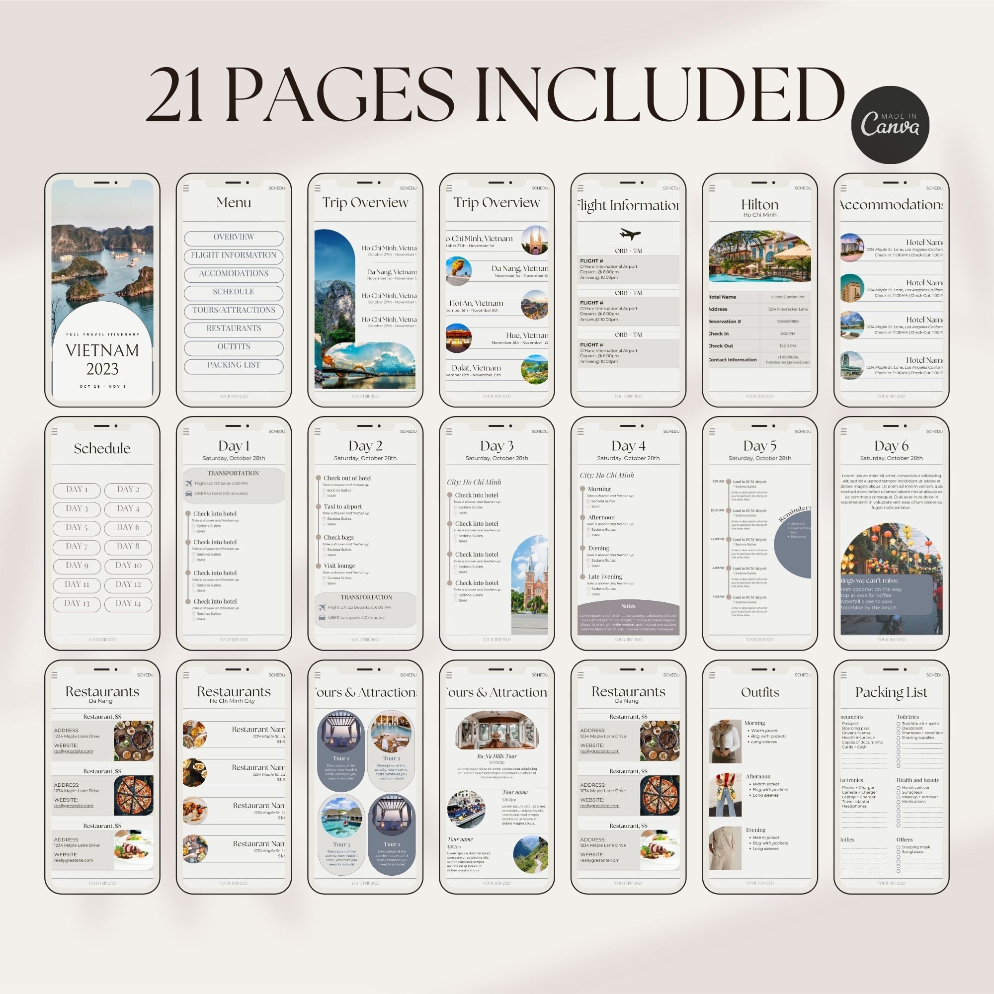 Digital Travel Itinerary Canva Template, Aesthetic Travel Itinerary ...