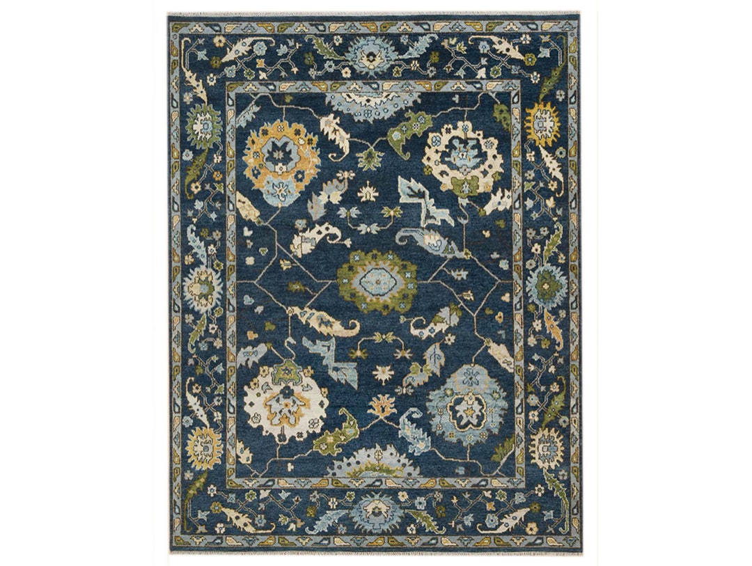 Dark Blue Oushak Rug, Handknotted Black Oushak Wool Rug in Green Accent ...