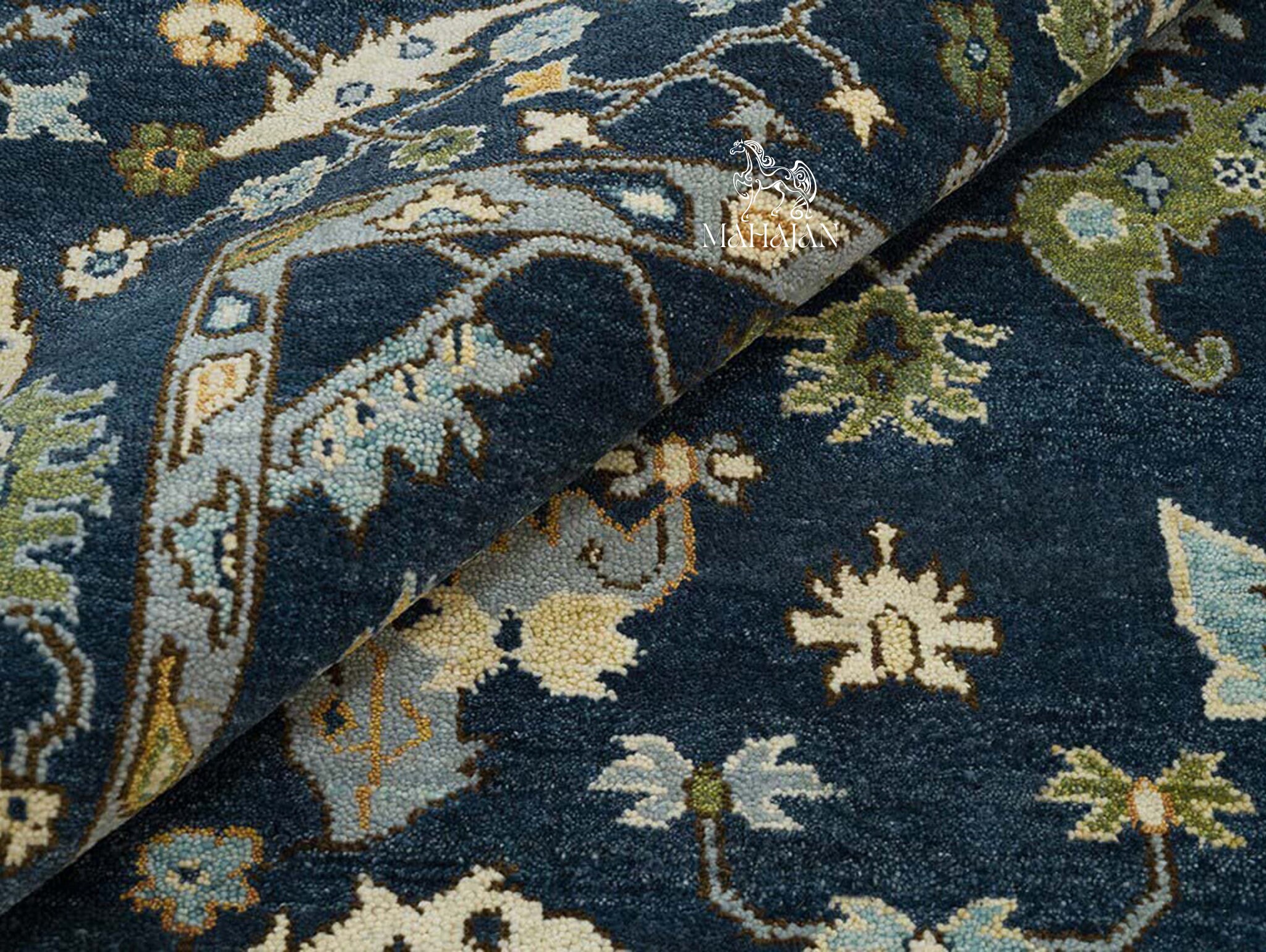 Dark Blue Oushak Rug, Handknotted Black Oushak Wool Rug in Green Accent ...