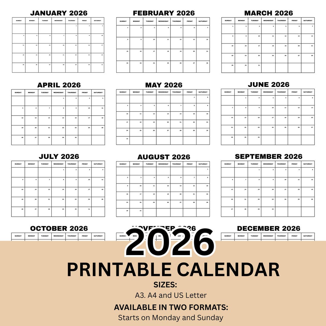 Printable Calendar 2026: A3 A4 and US Letter Size - Etsy