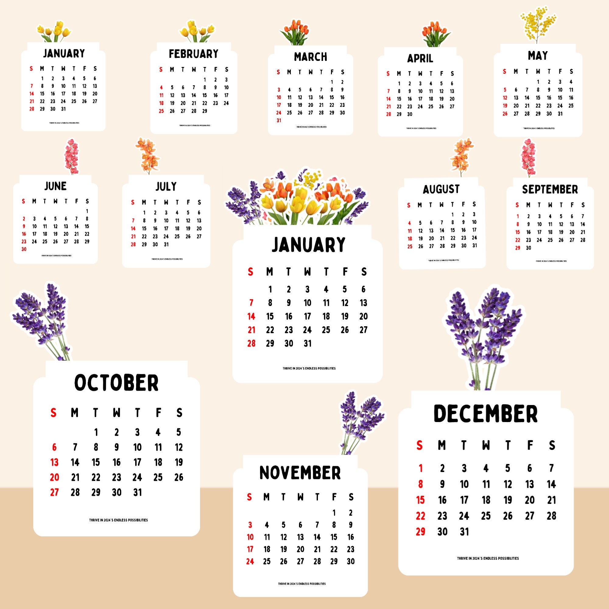 PLR Flower Desk Calendar 2024 Templates Mini Desk Calendar 2024 ...