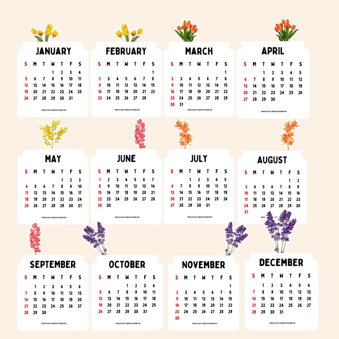Mini Flower Desk Calendar Templates 2025 Aesthetic Calendar 2025 Flower ...