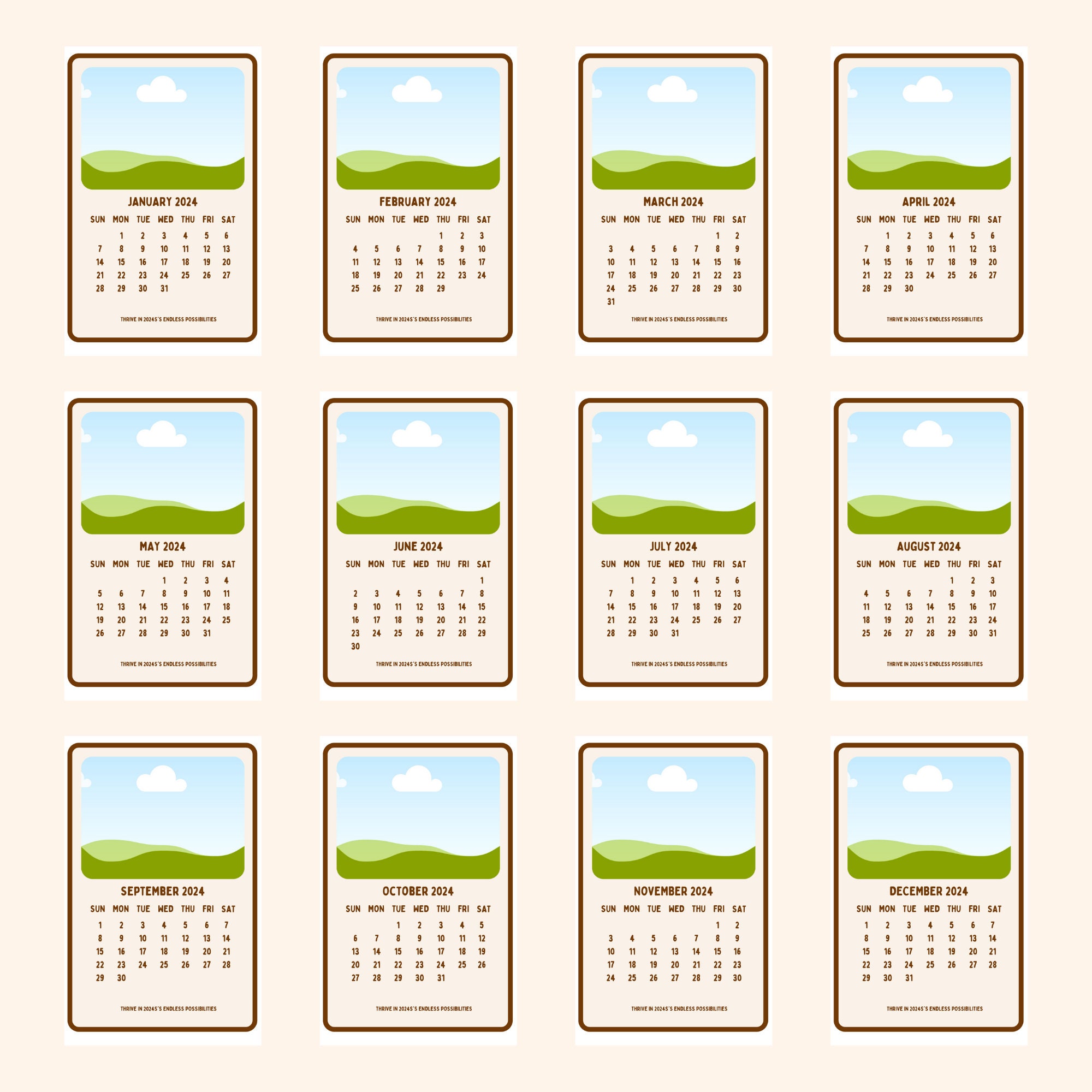 Mini Calendar 2024 Template Mini Polaroid Calendar Printable Mini ...