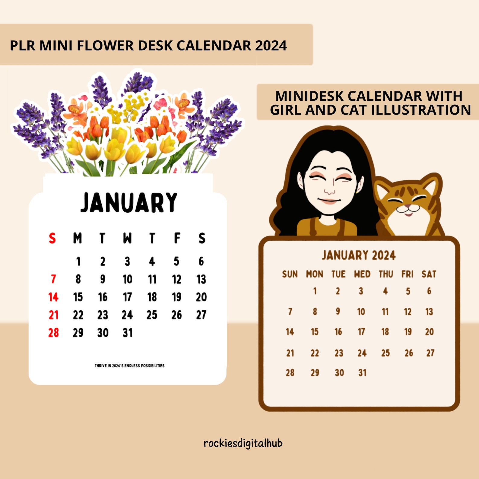 PLR Flower Desk Calendar 2024 Templates Mini Desk Calendar 2024 ...