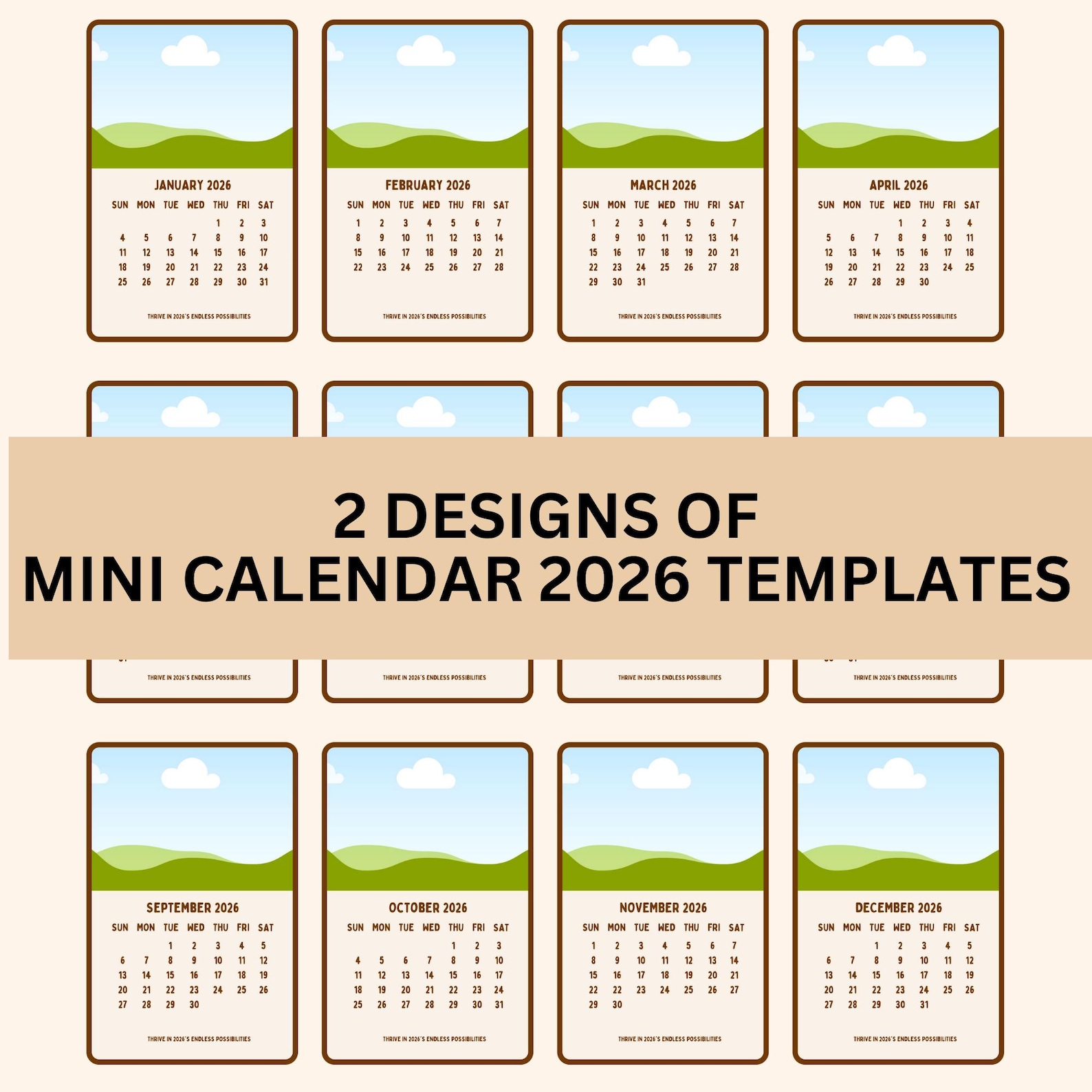 2026 Mini Calendar Template: Minimalist Desk Calendar (digital Files, 2 ...