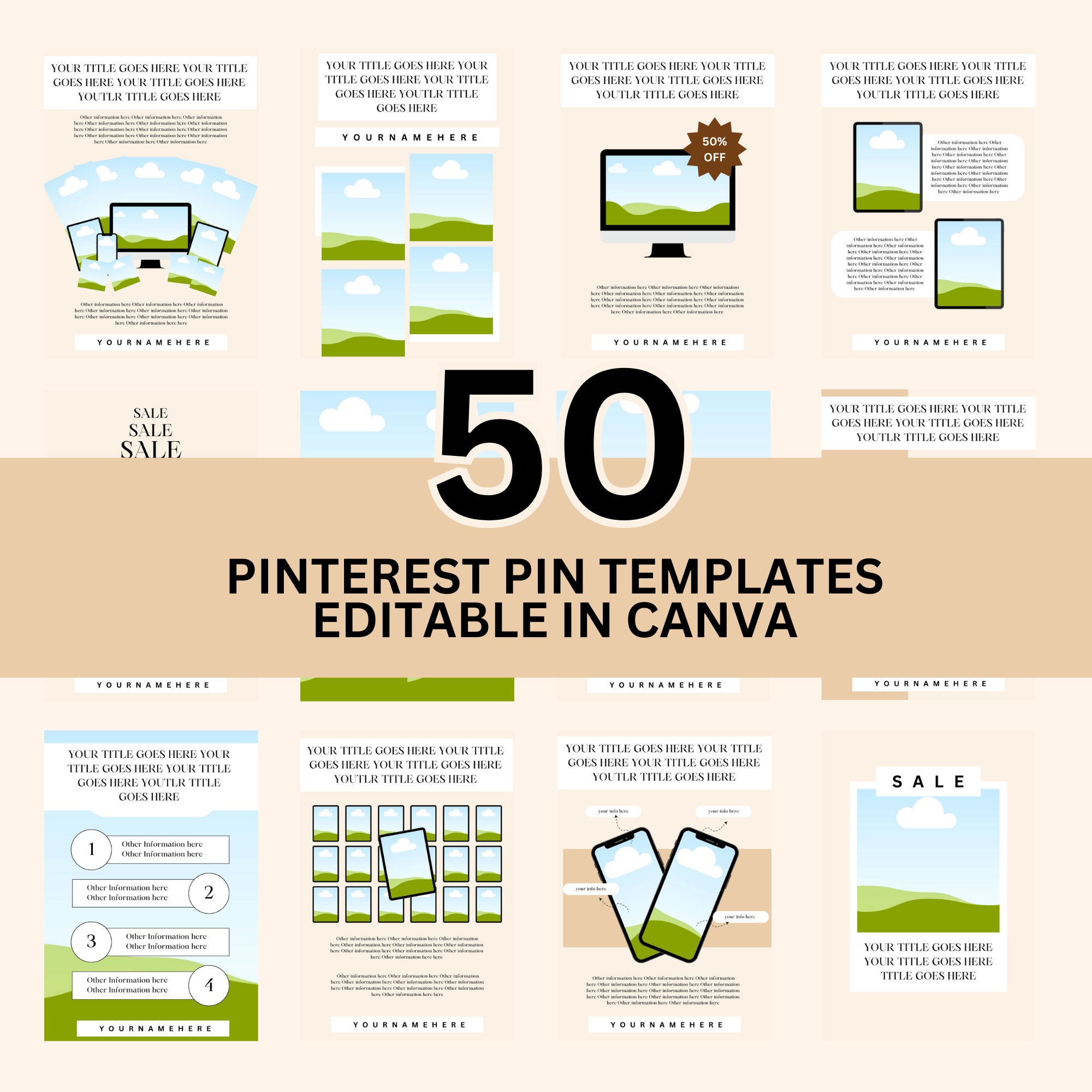50 Pinterest Pin Templates Editable in Canva Pinterest Digital ...