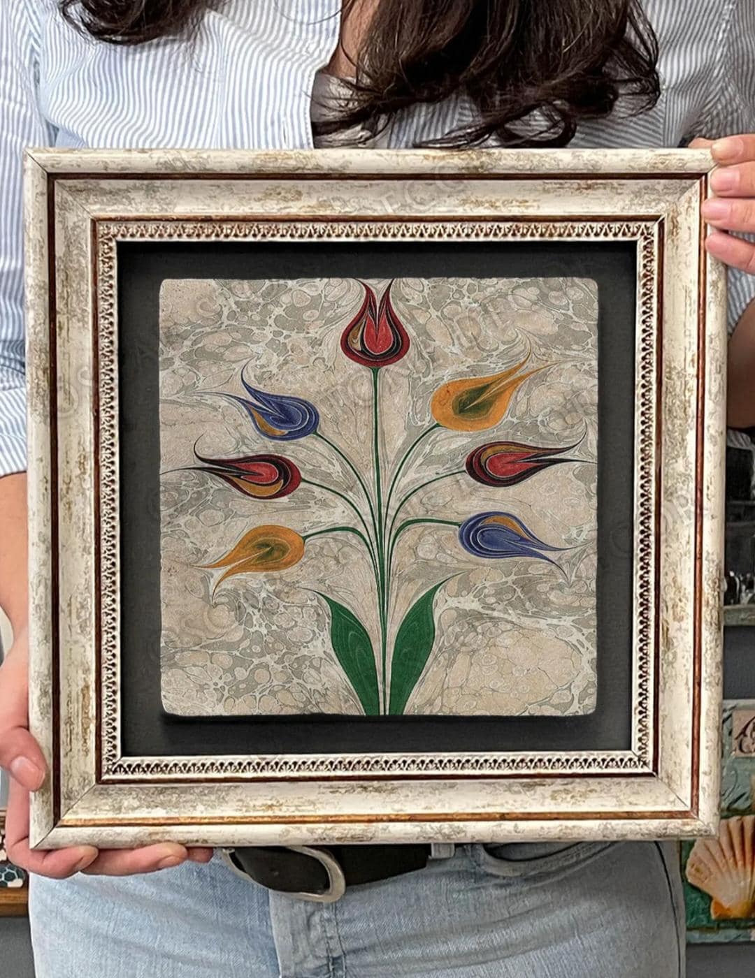 Ottoman Art Ebru, Tulip Paint, Painting on Natural Stone , Turkish ...