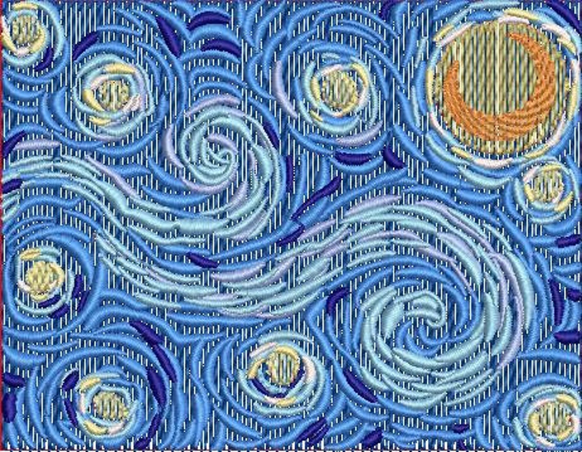 Starry Night Machine Embroidery Design Glowing Moon on Blue Sky ...