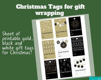 Christmas Gift Tags, Printable Gift Tags, Holiday Gift Tags, Black and ...