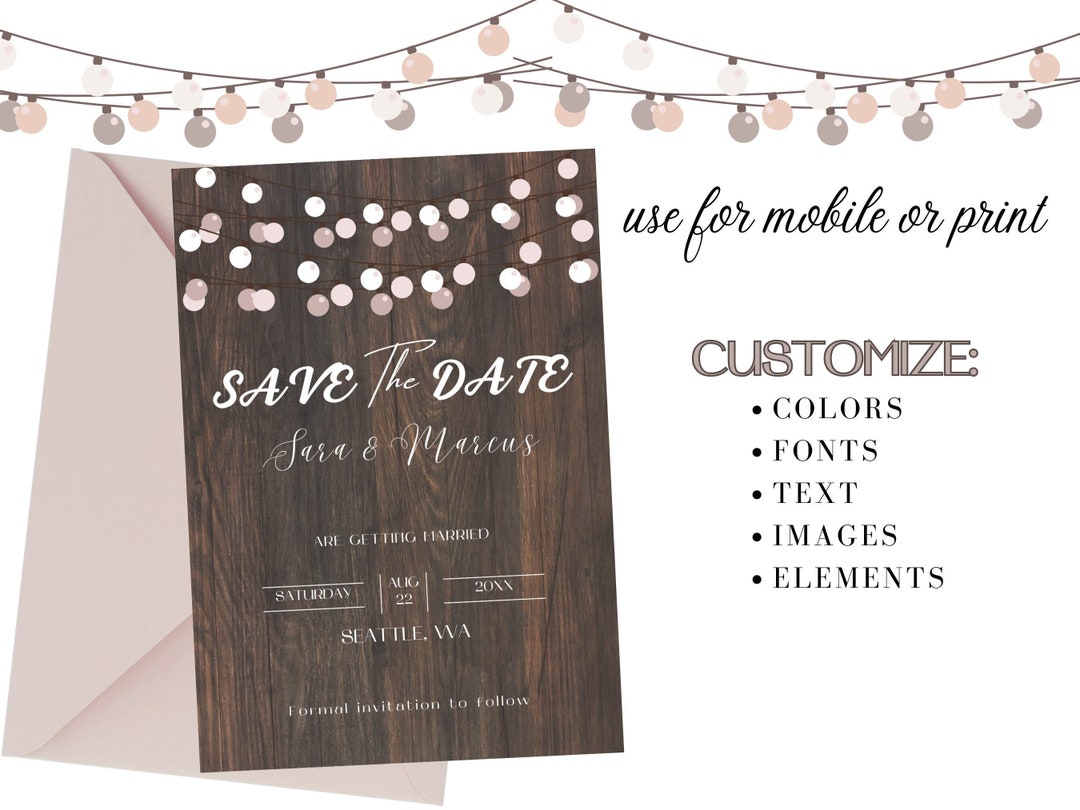 Rustic Wood Background Save the Date Invitation With Twinkling Lights ...