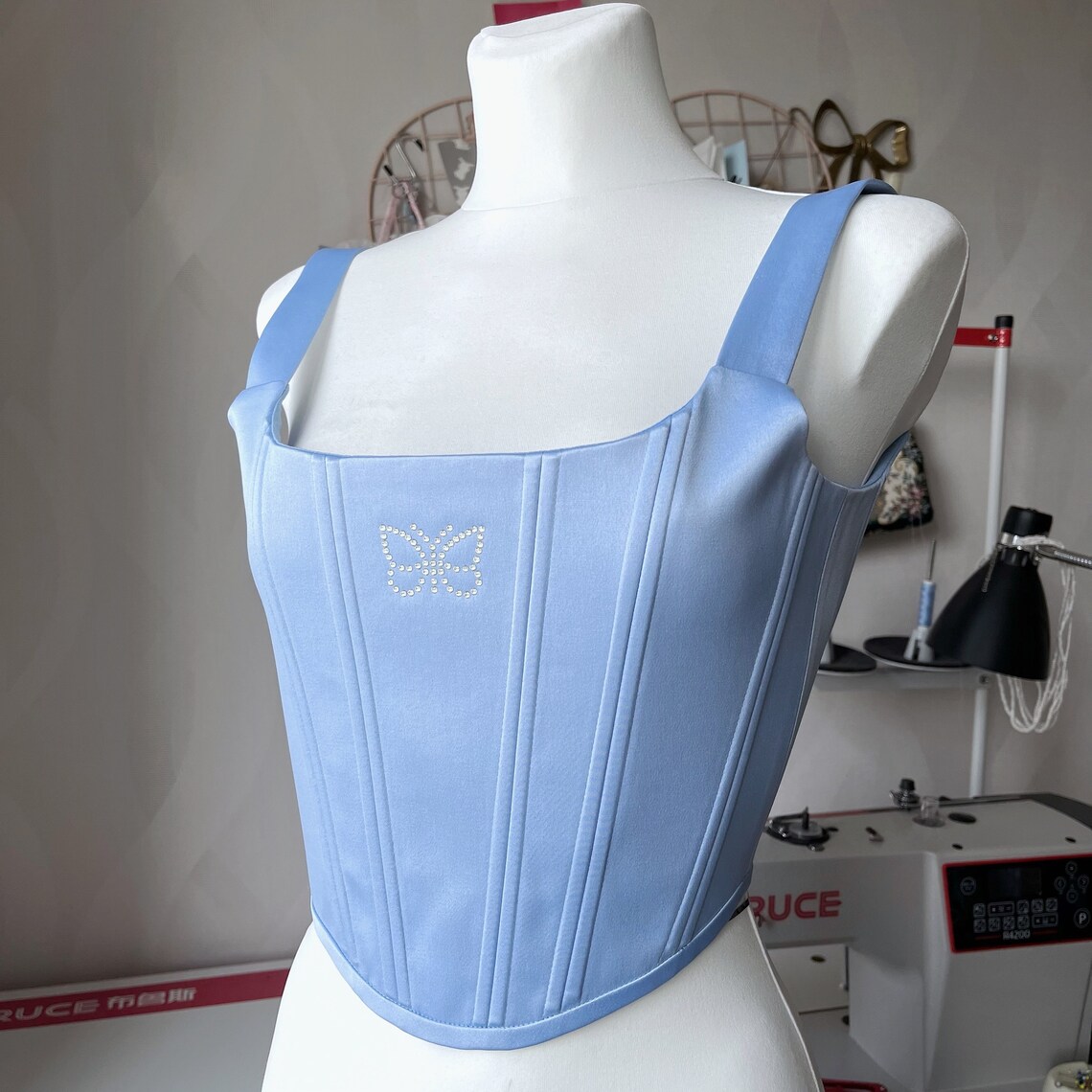 Blue Corset Satin Corset Top Butterfly Rhinestones Top Fairytale Corset ...