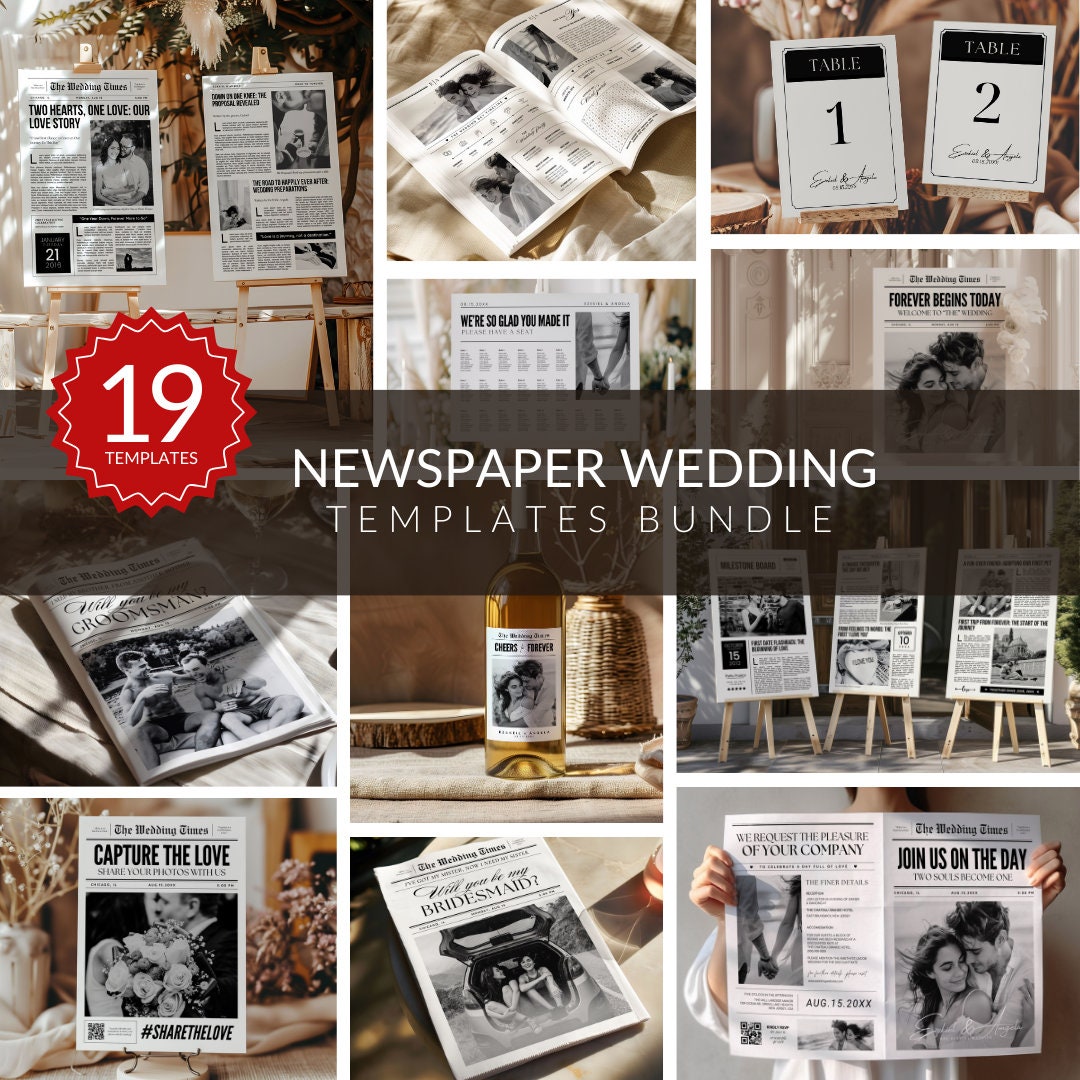 Newspaper Wedding Template Bundle Canva Editable Wedding Invite Suite ...