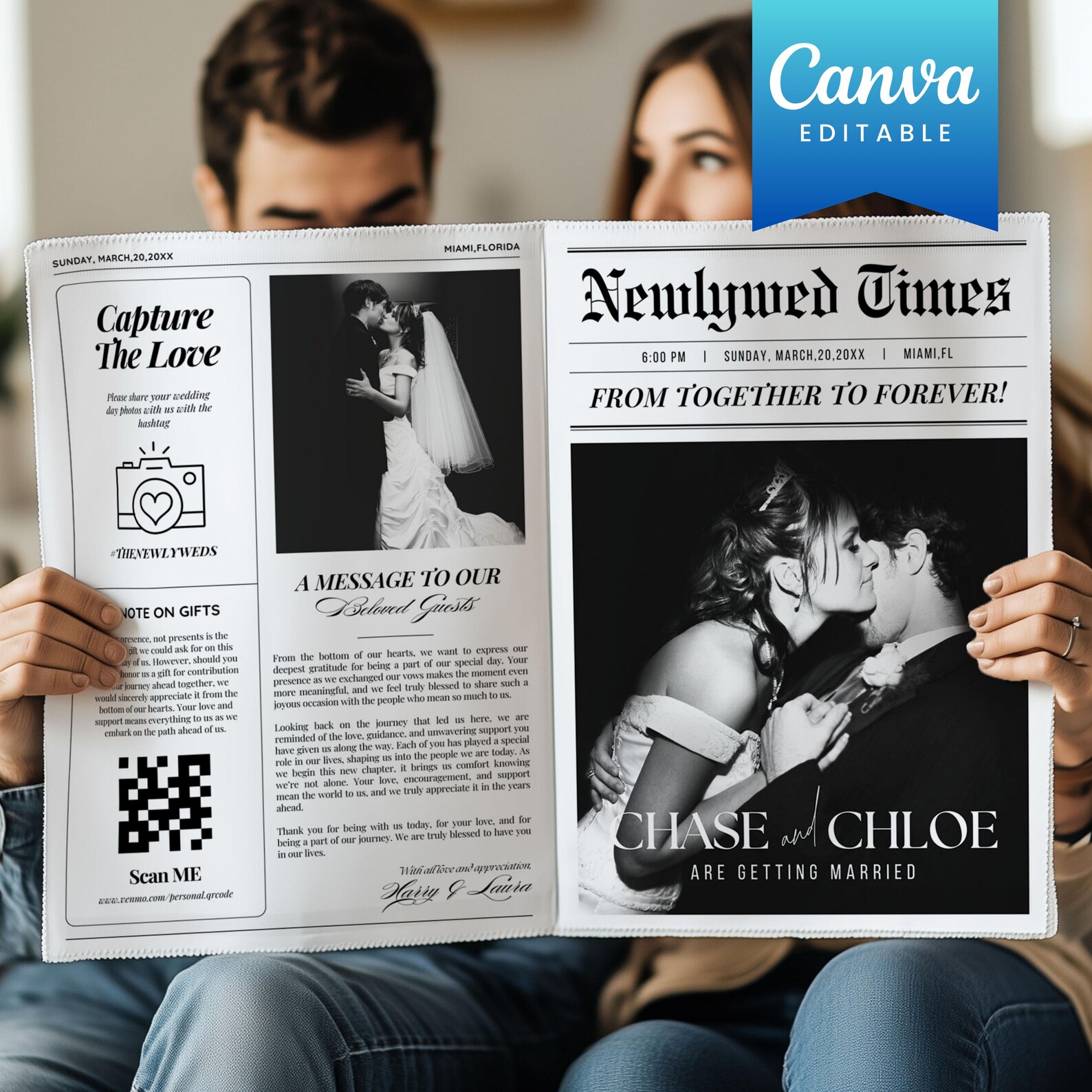 Wedding Newspaper Program Template Canva, Newlywed Times Ceremony ...