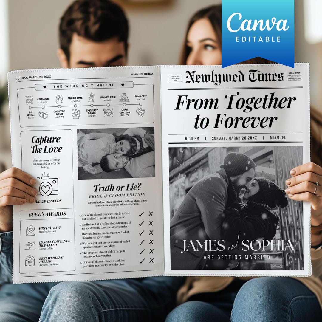Wedding Day Newspaper Template Canva, Folded Newlywed Times Program ...