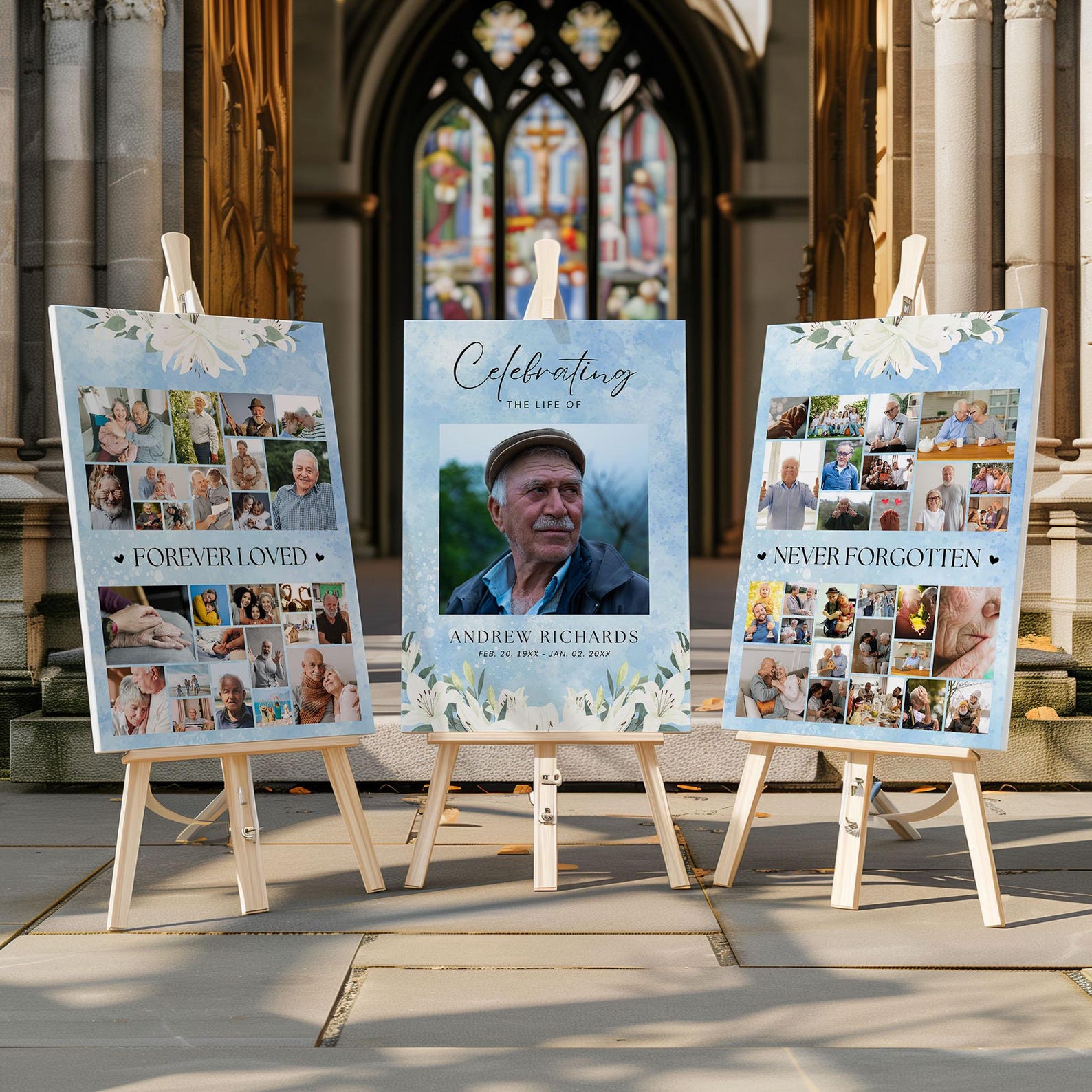 Blue Sky Funeral Photo Collage Posters Canva Editable Template ...
