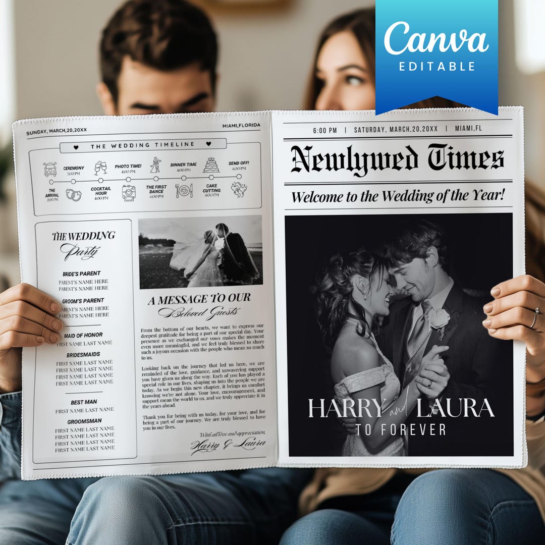 Wedding Newspaper Template Canva, Newlywed Times Program Timeline, DIY ...