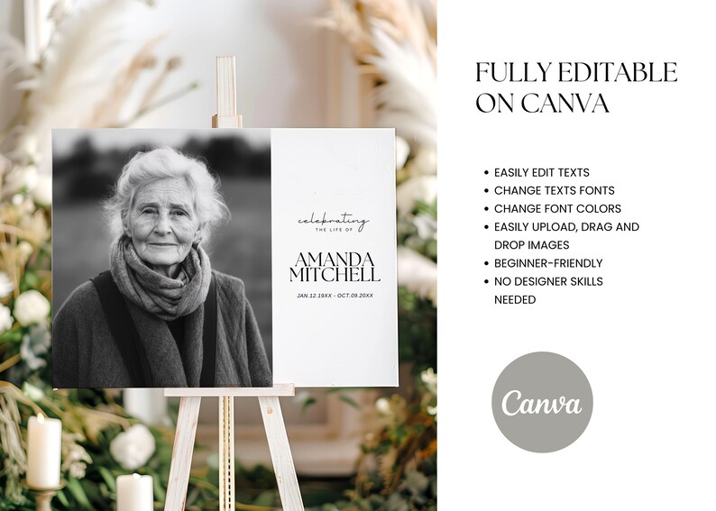 Funeral Welcome Sign Template, Canva Editable Large Memorial Image ...