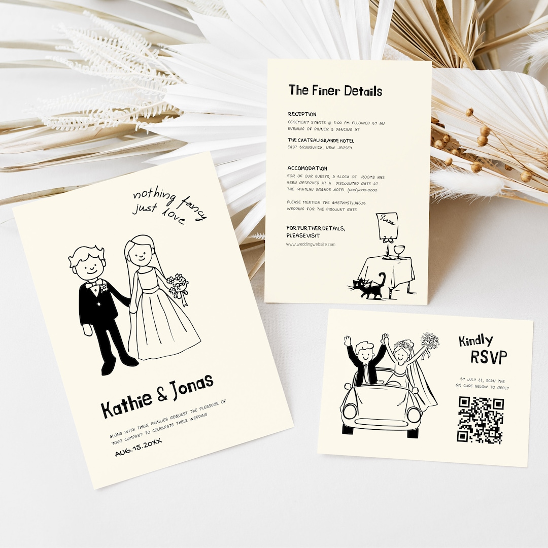 Hand Drawn Wedding Invitation Template Canva Editable Illustrated Cute ...