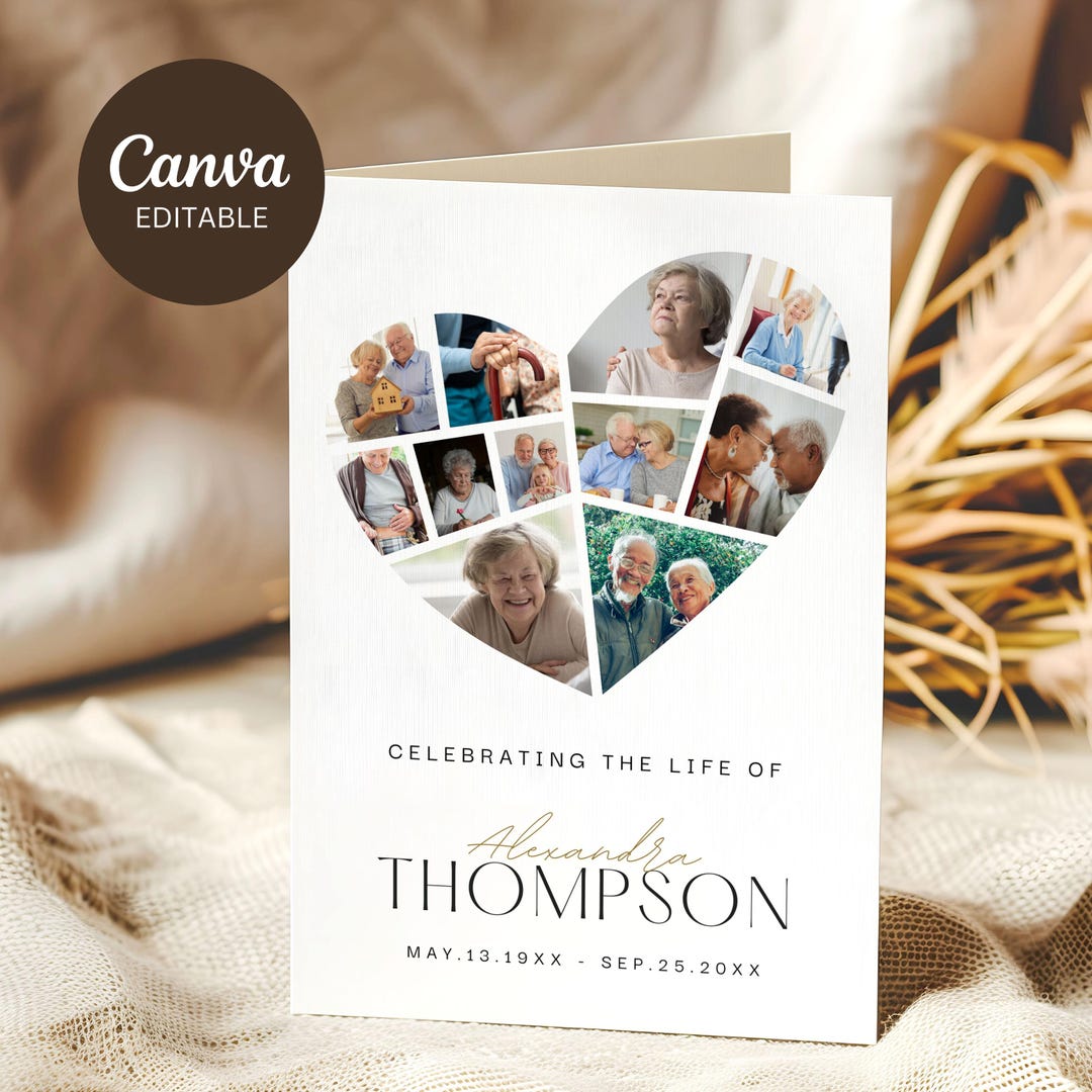Heart Collage Foldable Funeral Program Canva Template, Editable ...