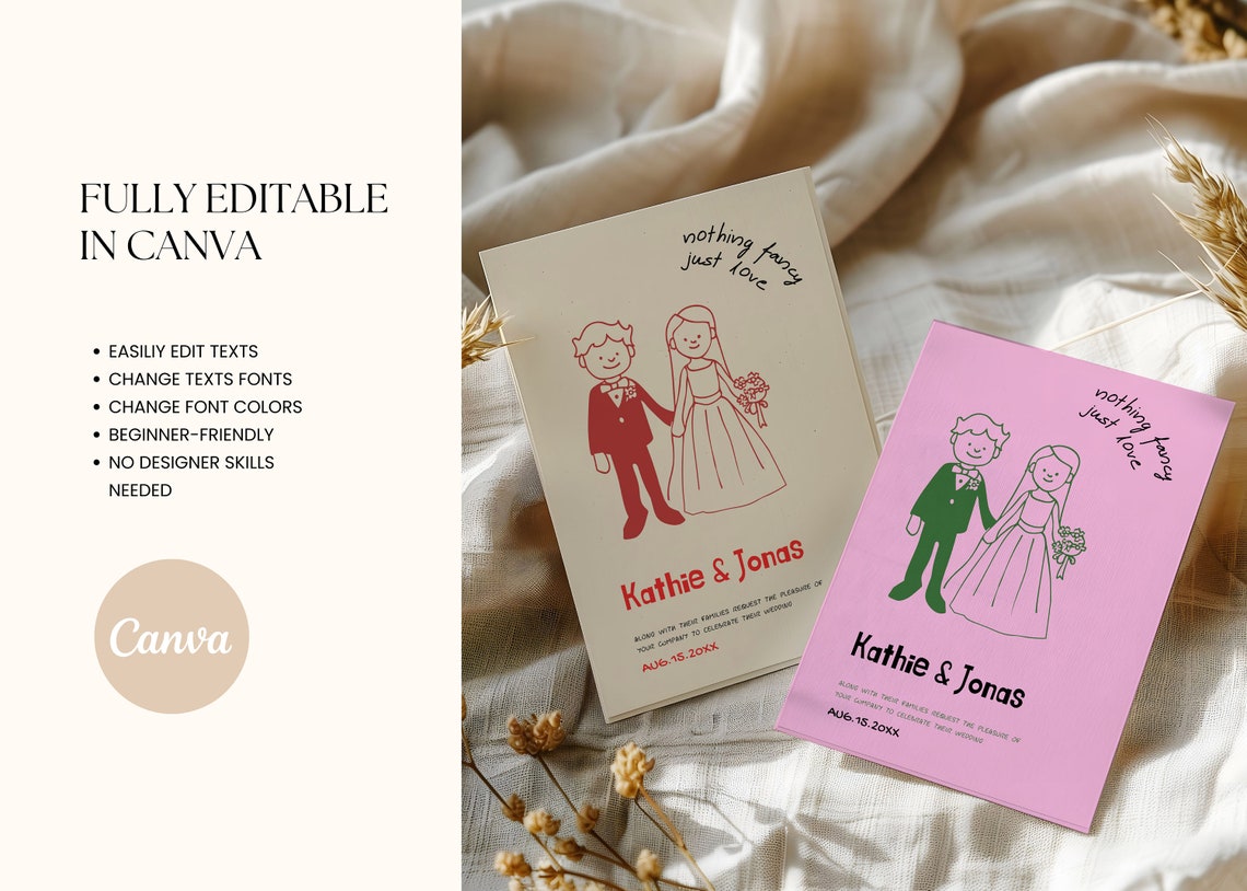 Hand Drawn Wedding Invitation Template Canva Editable Illustrated Cute ...