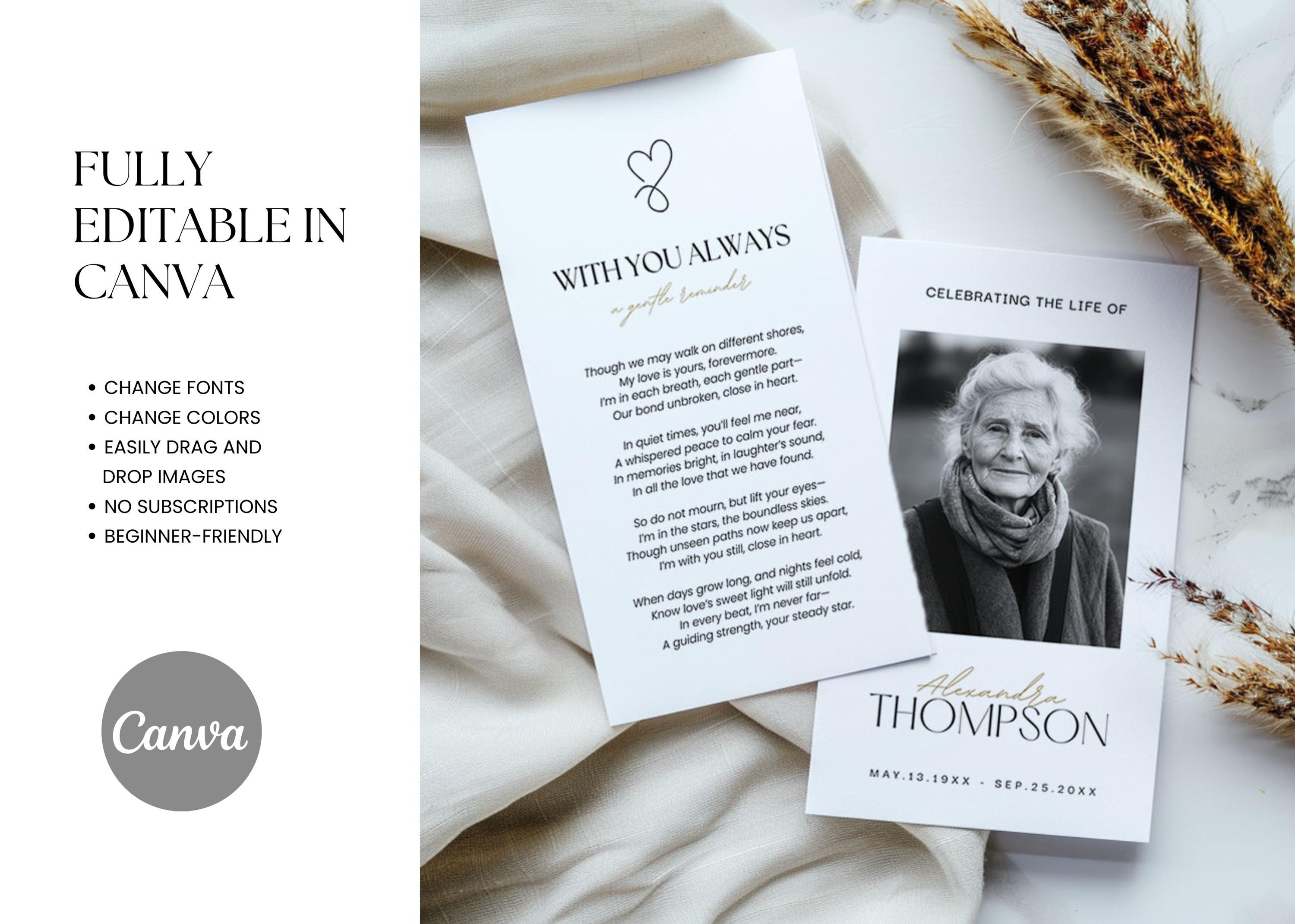 Simple Funeral Prayer Card Template Canva Editable, Celebration of Life ...