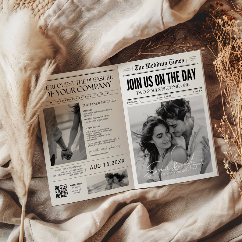 Newspaper Wedding Invitation Template Canva Wedding Invite Suite With ...