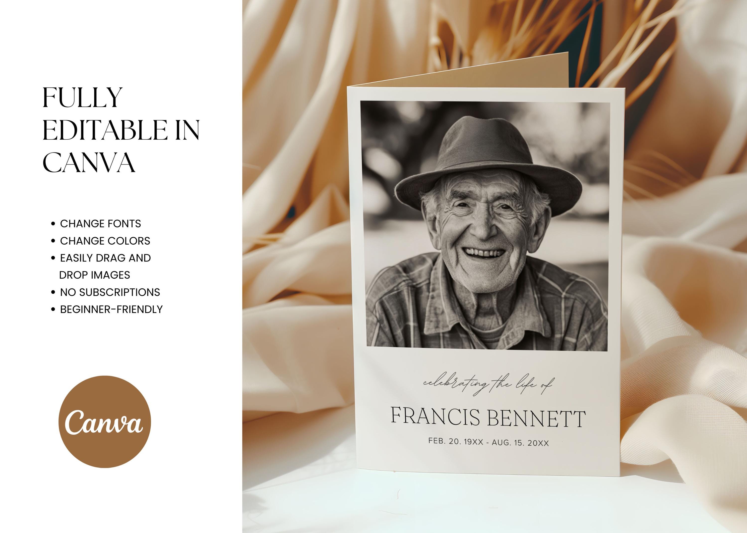 Minimalist Celebration of Life Program Template, Editable Canva Funeral ...