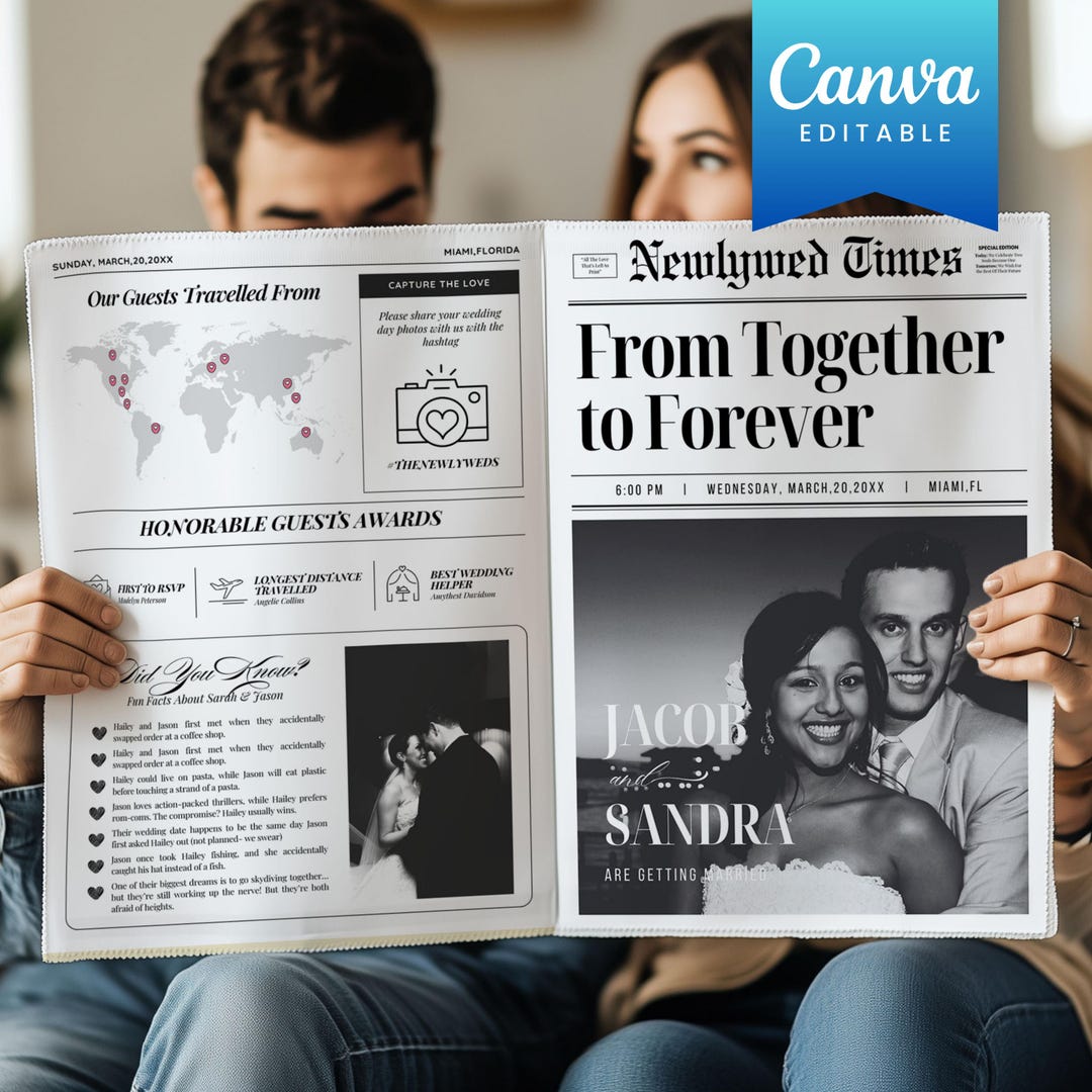 Wedding Newspaper Template Canva, Editable Newlywed Times Program ...