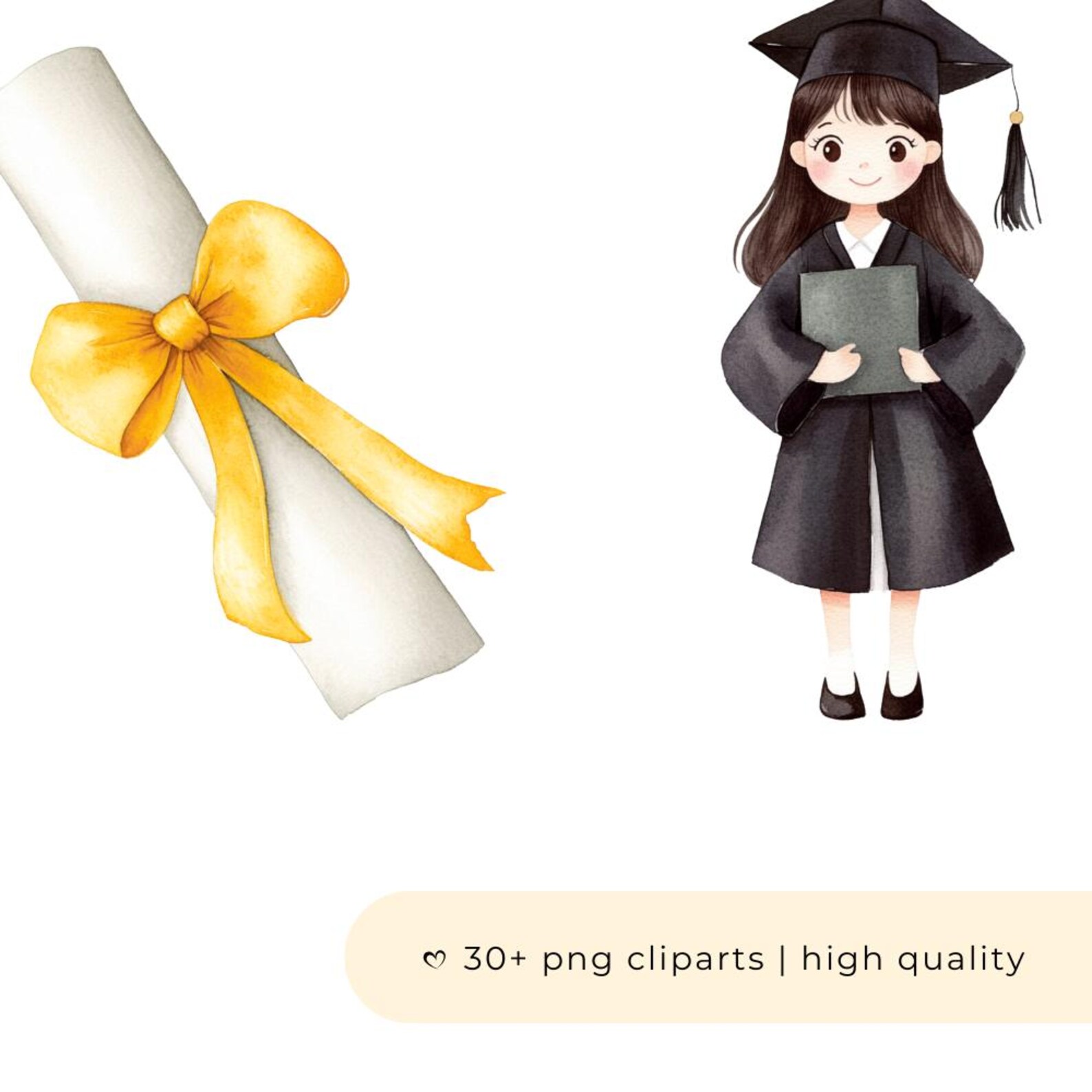 Watercolor Graduation Clipart, End of School Year Clipart, Diploma ...
