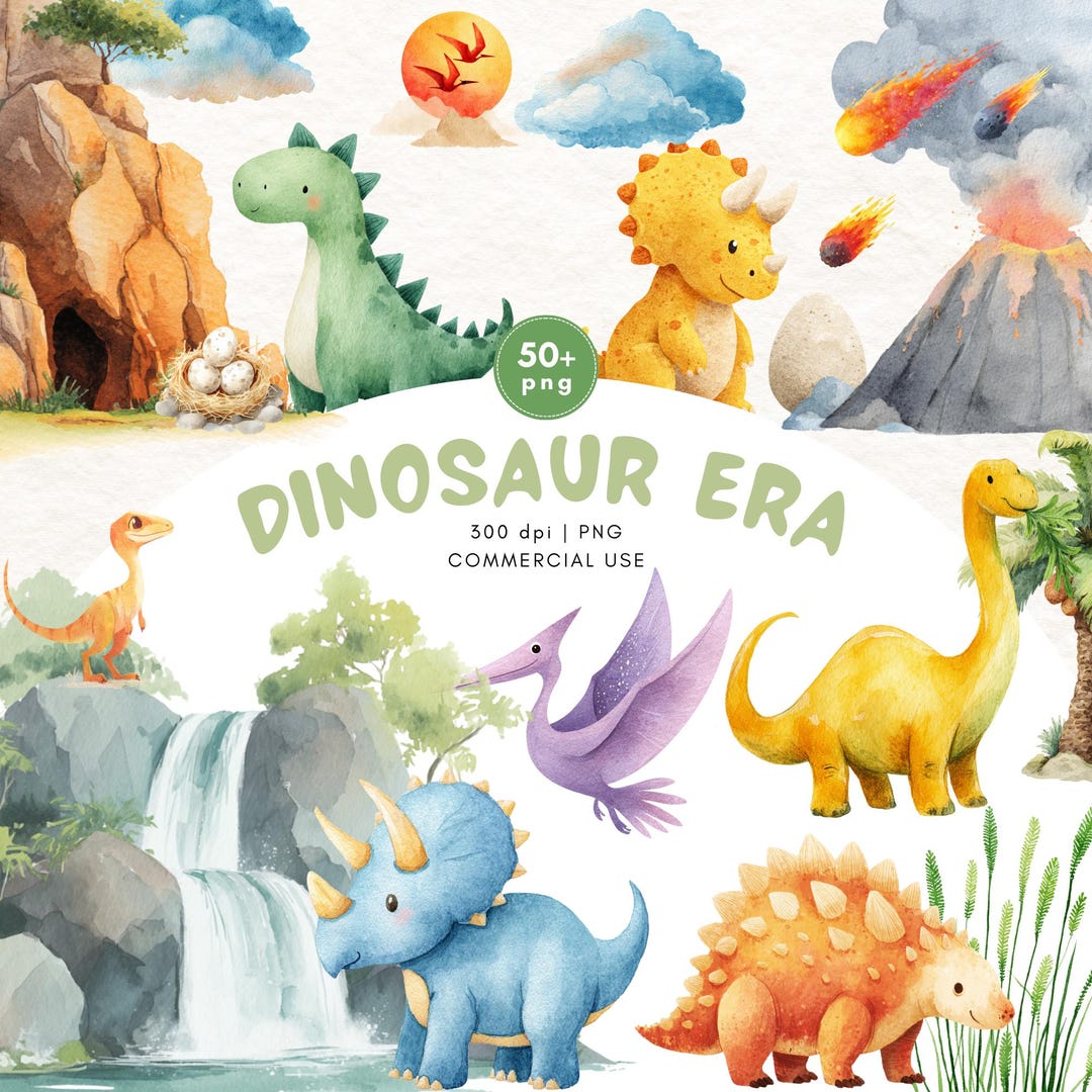 Cute Dinosaur Clipart, Watercolor Dinosaur, Pre-historic Era Clipart ...