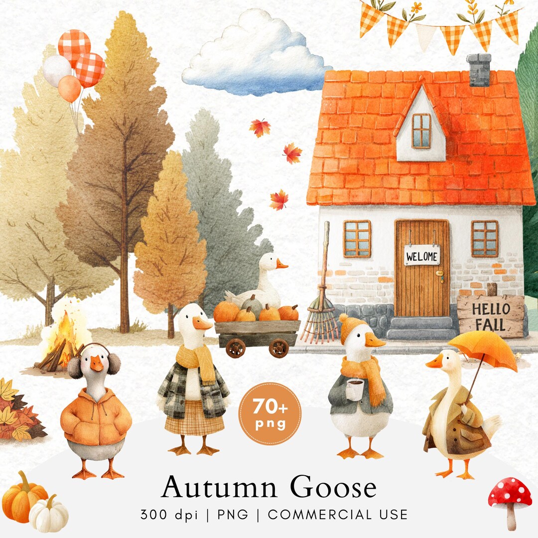 Autumn Goose Clipart, Cute Silly Goose Clipart, Watercolor Animals ...