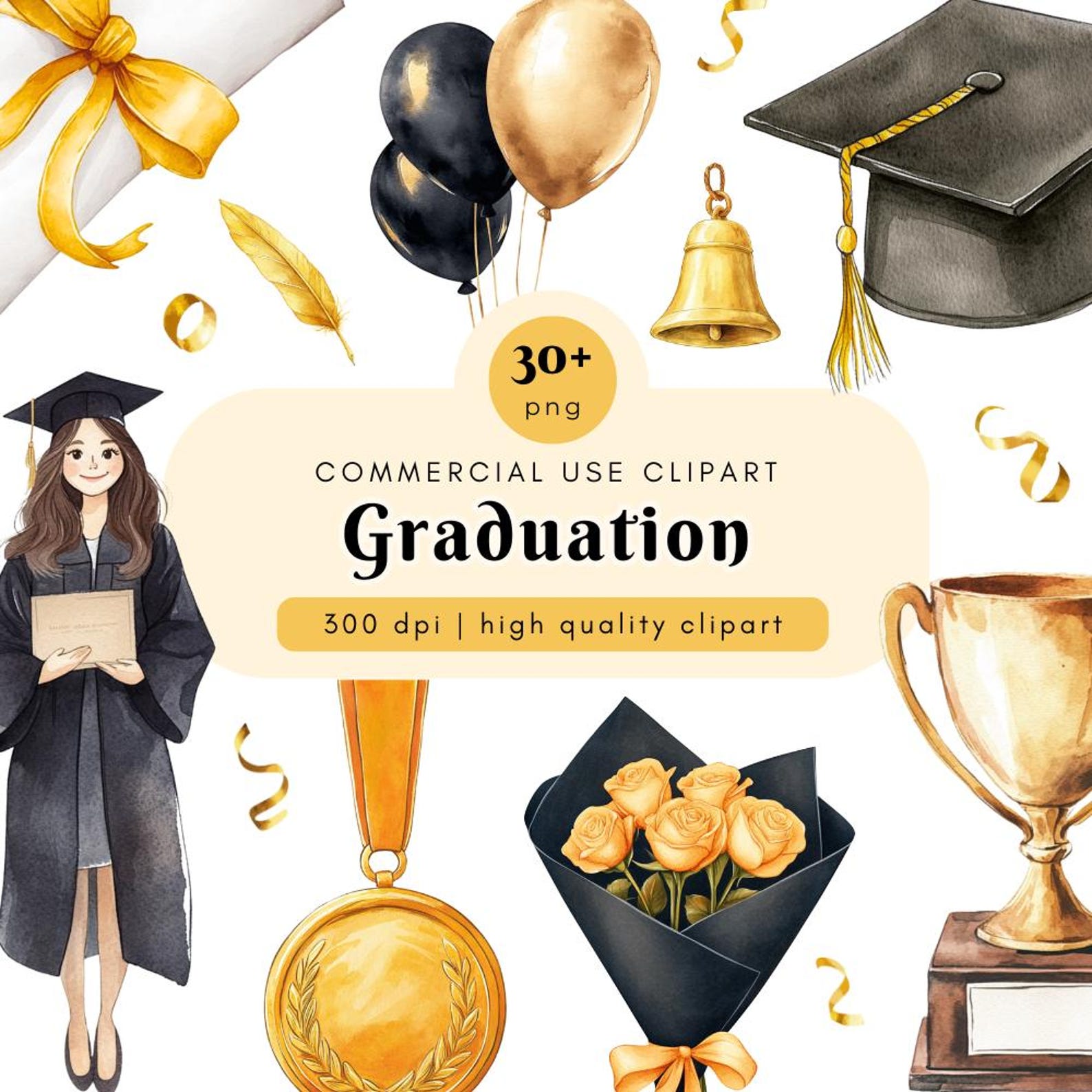 Watercolor Graduation Clipart, End of School Year Clipart, Diploma ...