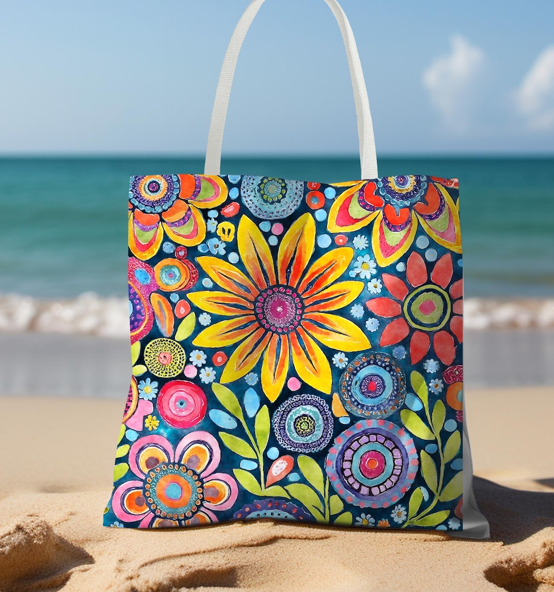 Boho Floral Tote Bag (AOP) Bright Beautiful Flowers Great Gift for Mom ...