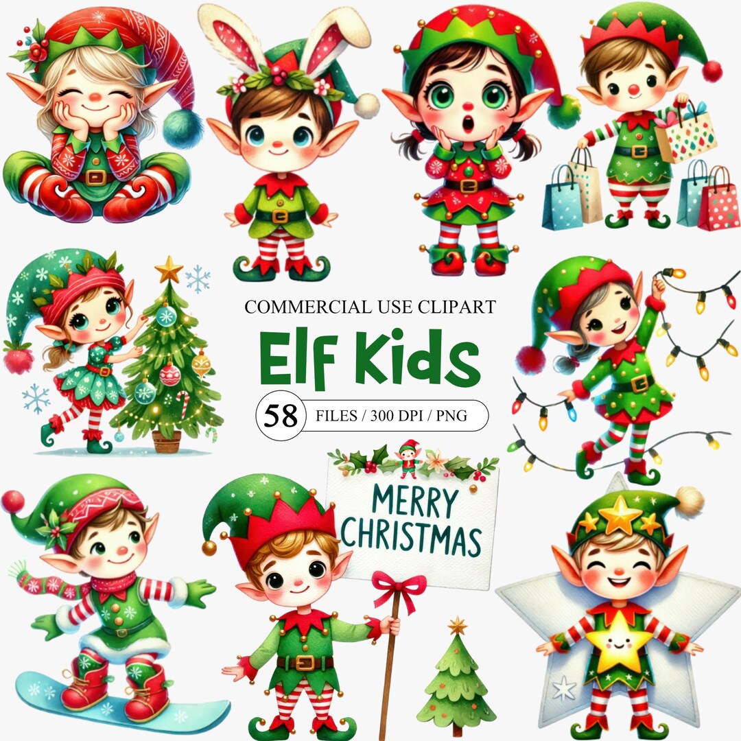 Watercolor Christmas Elf Kids Clipart, Cute Elf Boy Girl Clipart Cute ...