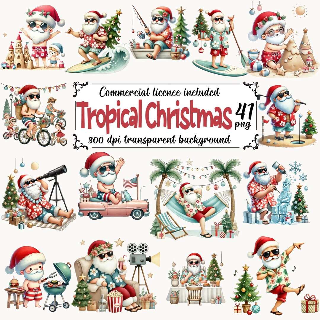 Tropical Christmas Clipart Bundle, Beach Christmas Clipart , Coastal ...