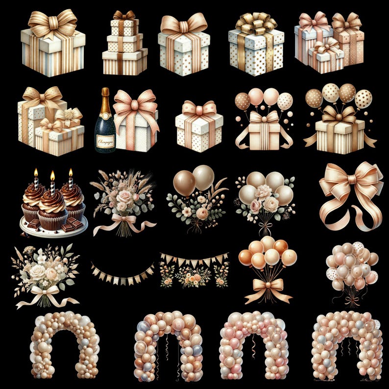 Neutral Boho Birthday Party Clipart, Boho Birthday Party PNG, Bear ...