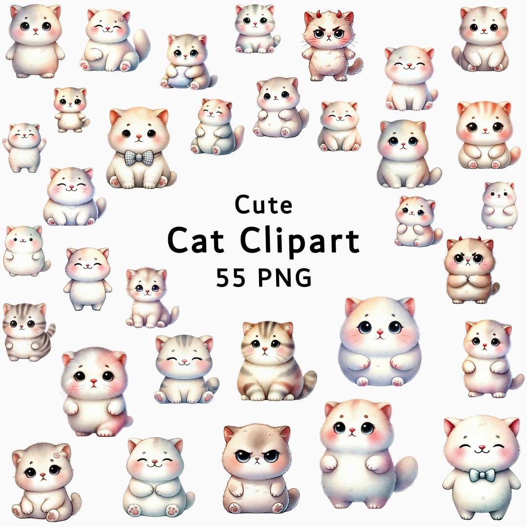 Cute Cat Watercolor Clipart, Adorable Kitten Clipart, Pastel Watercolor ...