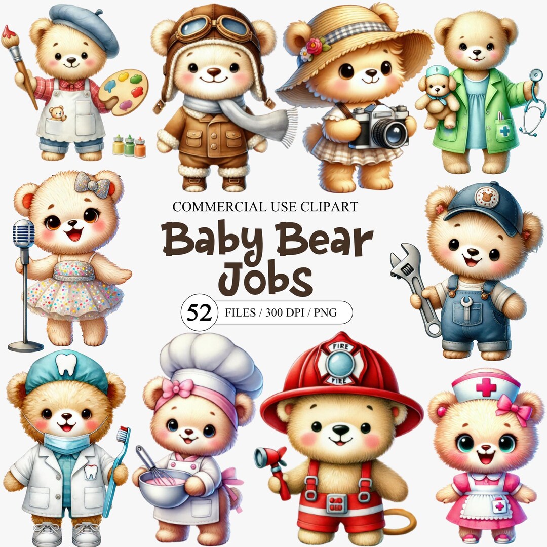 Baby Bear Jobs Clipart PNG, Cute Teddy Professions Bundle, Cute Bear ...