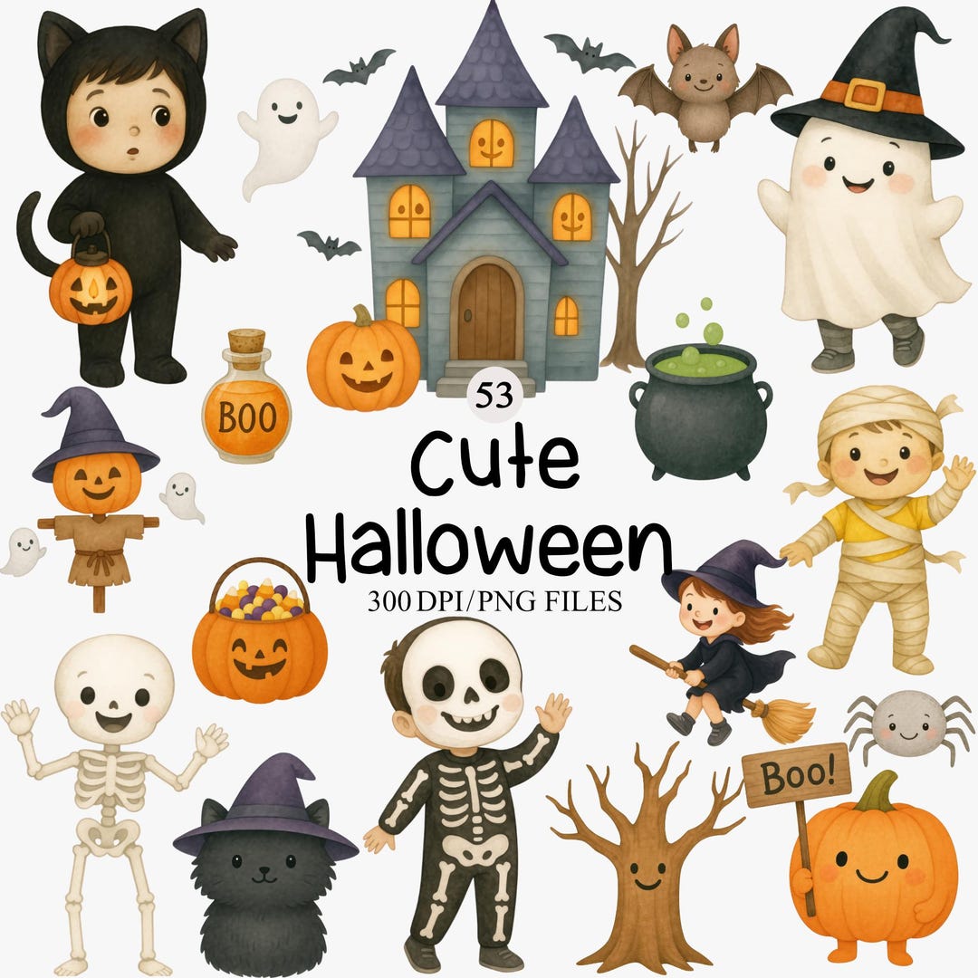 Watercolor Halloween Kids Clipart, Cute Halloween Clipart Bundle ...