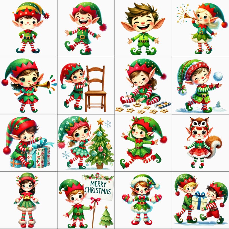 Watercolor Christmas Elf Kids Clipart, Cute Elf Boy Girl Clipart Cute ...