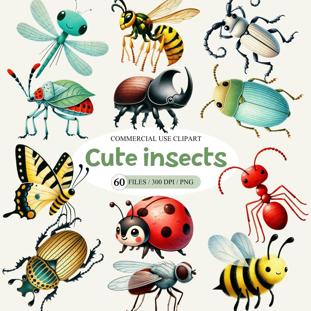 Cute Watercolor Insect Clipart PNG Bundle, Whimsical Watercolor Bug PNG ...