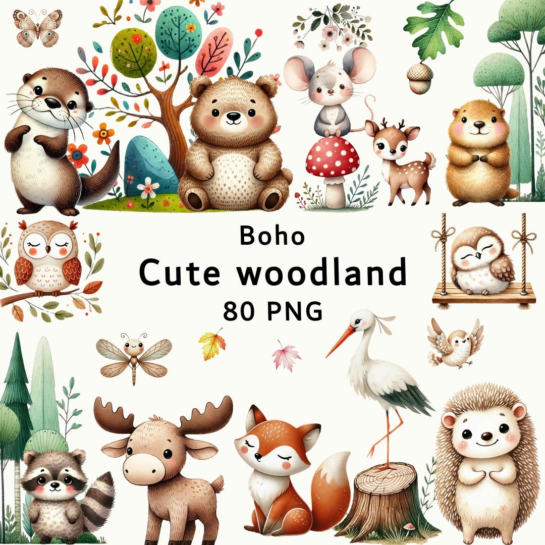 Boho Woodland Clipart, Watercolor Woodland Animals Clipart, Cute ...