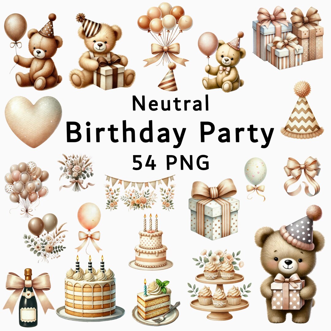 Neutral Boho Birthday Party Clipart, Boho Birthday Party PNG, Bear ...