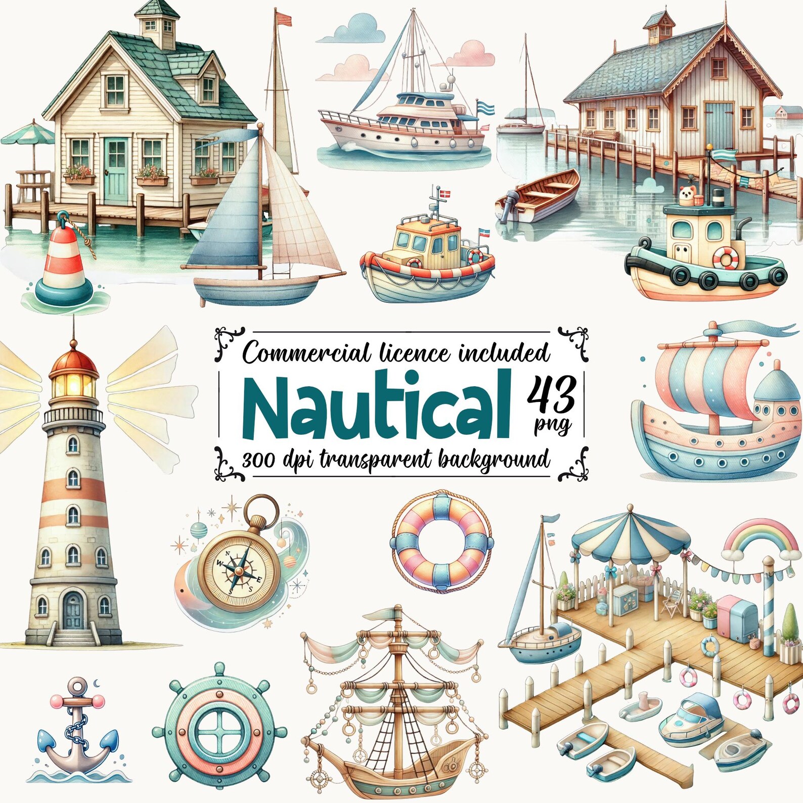 Watercolor Nautical Clipart Bundle: Coastal PNG Graphics (commercial ...