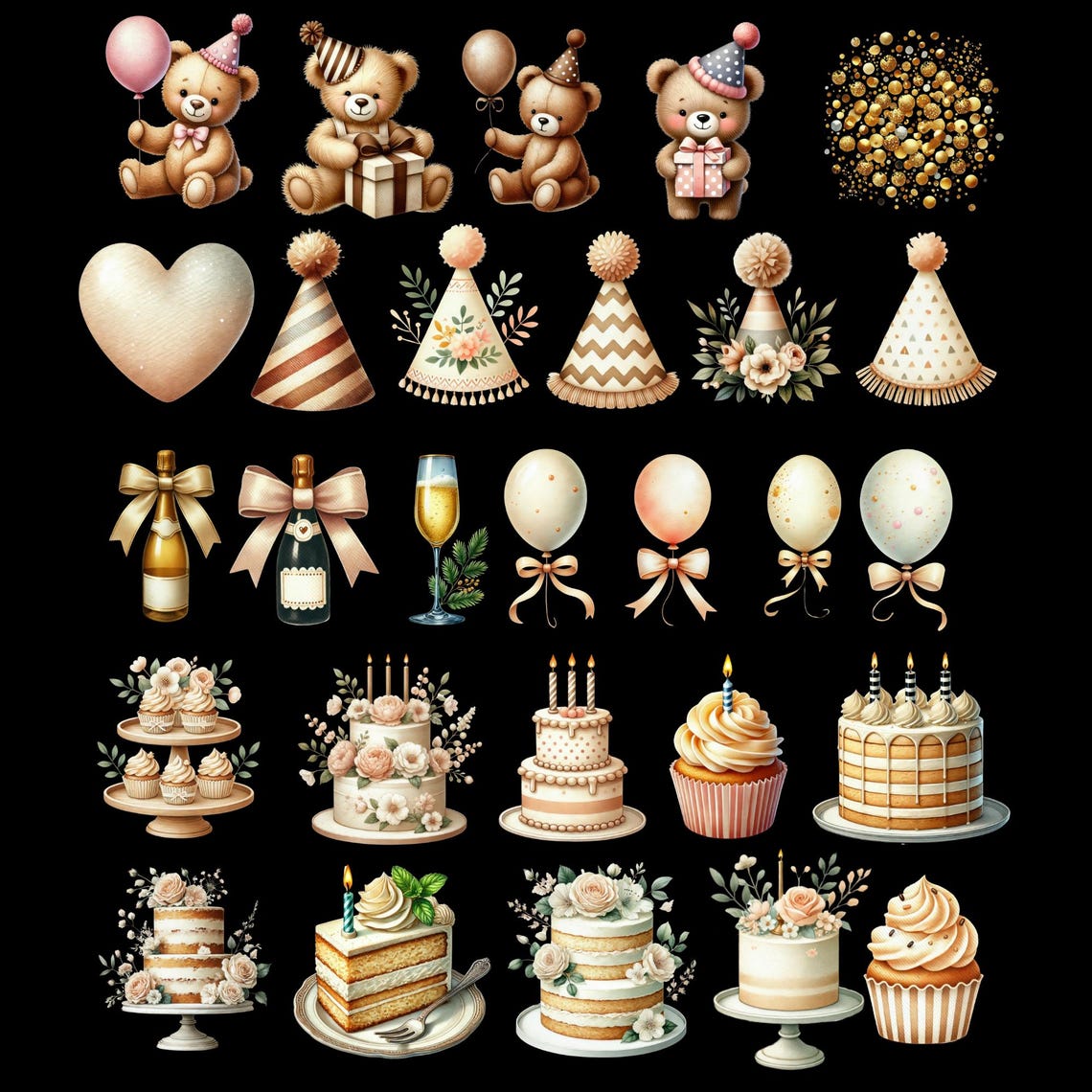 Neutral Boho Birthday Party Clipart, Boho Birthday Party PNG, Bear ...