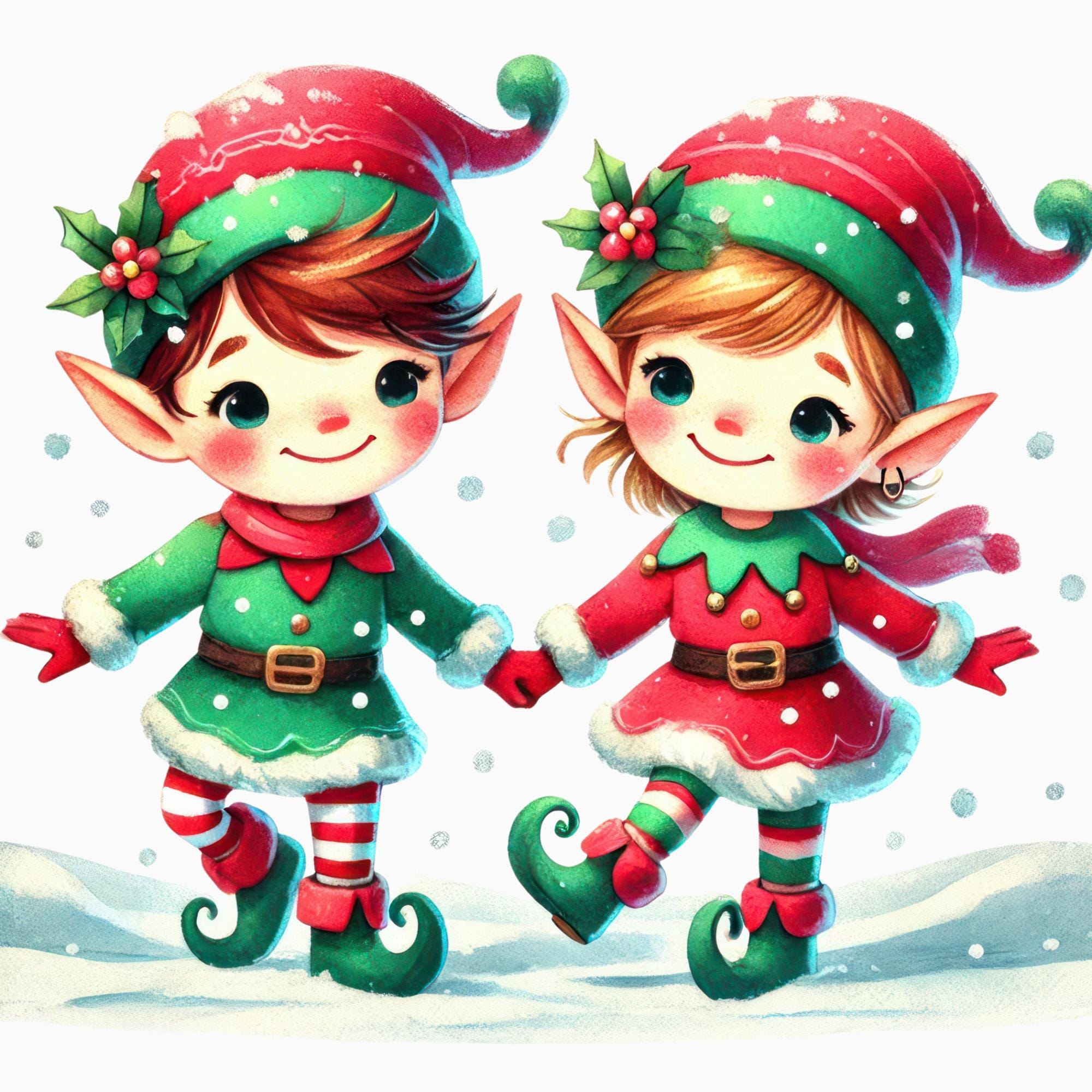 Watercolor Christmas Elf Kids Clipart, Cute Elf Boy Girl Clipart Cute ...
