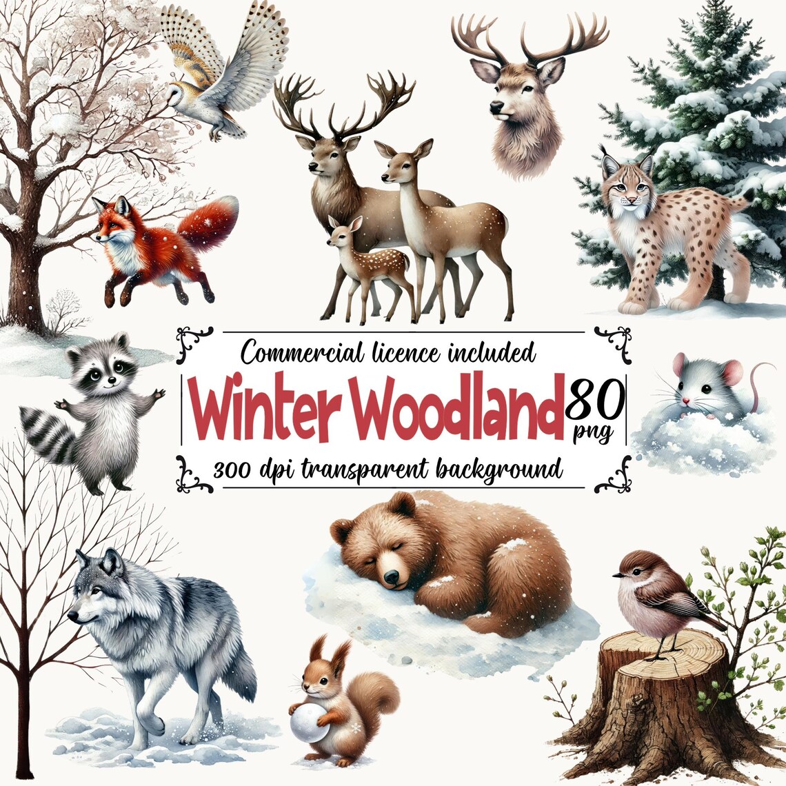 Winter Woodland Clipart PNG, Watercolor Winter Animals Clipart ...