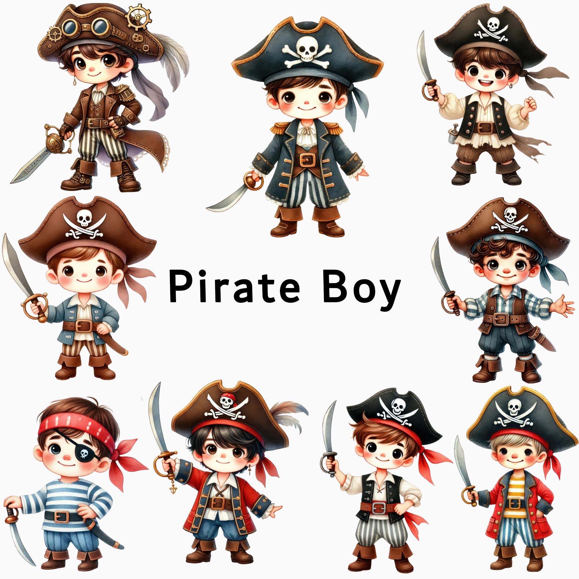 Cute Pirate Adventure Clipart PNG Bundle, Watercolor Kids Pirate ...