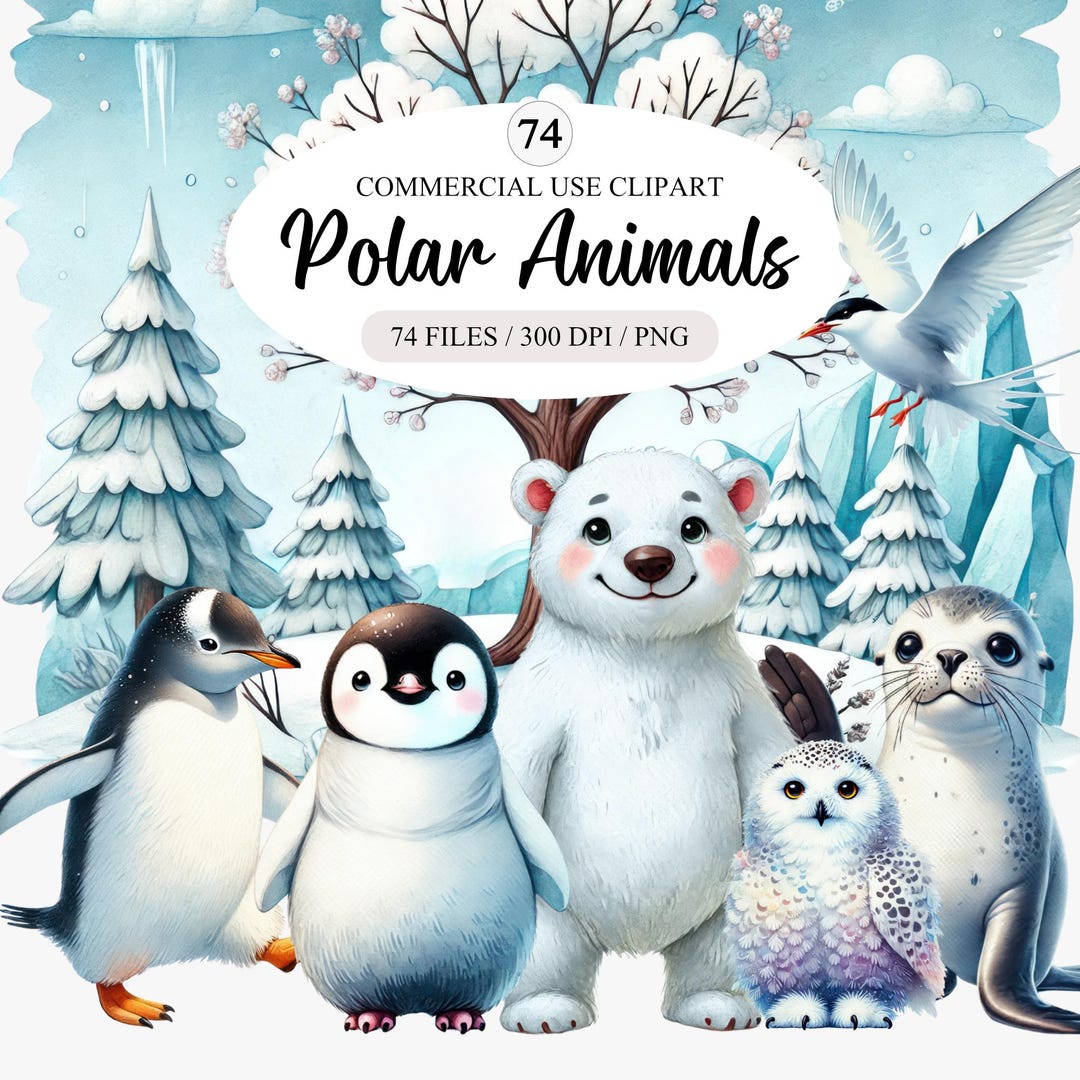 Watercolor Polar Animals Clipart PNG Bundle: Arctic Wildlife ...