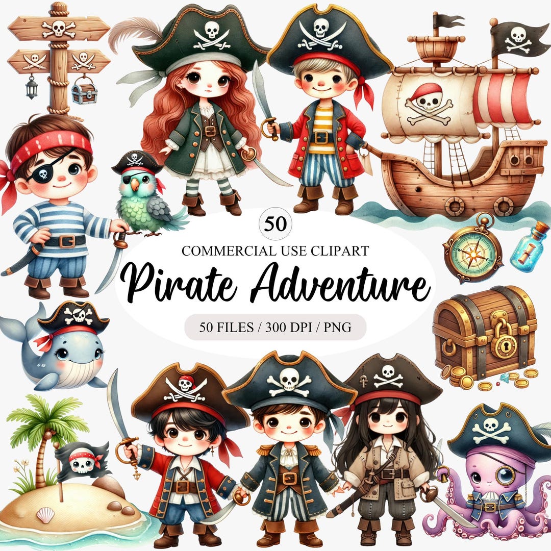 Cute Pirate Adventure Clipart PNG Bundle, Watercolor Kids Pirate ...